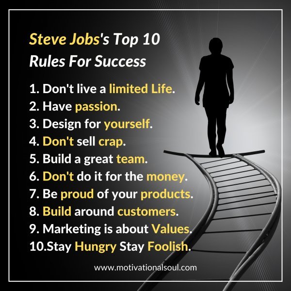Quote: Steve Jobs's Top 10 Rules For Success 1. Don't live a ...